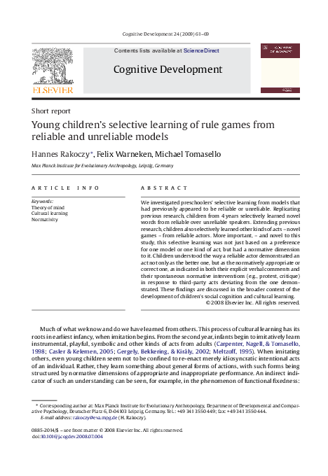 (PDF) Young children's selective learning of rule games from reliable ...