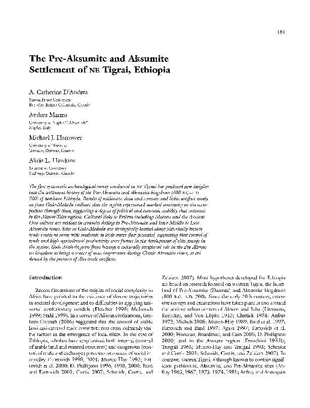 (PDF) Pre-Aksumite and Aksumite Settlement of Eastern Tigrai, Ethiopia