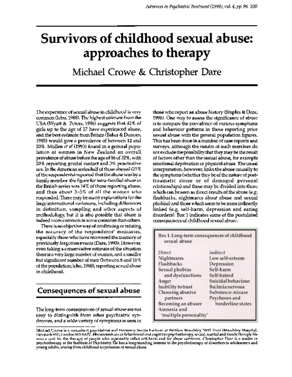 (PDF) Survivors of Childhood Sexual Abuse: Approaches to Therapy
