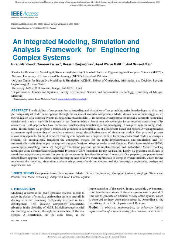 (PDF) An Integrated Modeling, Simulation and Analysis Framework for Engineering Complex Systems