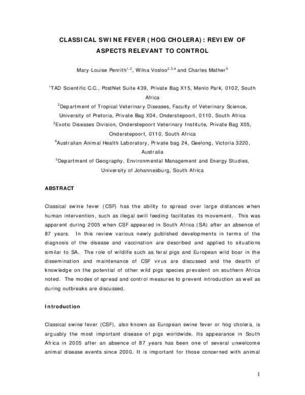 (PDF) Classical Swine Fever (Hog Cholera): Review of Aspects Relevant ...
