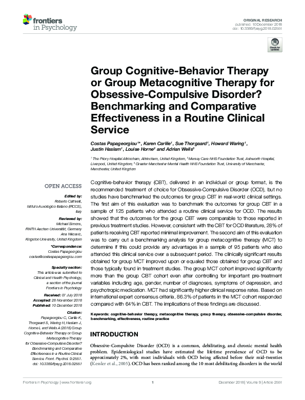(PDF) Group Cognitive-Behavior Therapy or Group Metacognitive Therapy for Obsessive-Compulsive ...