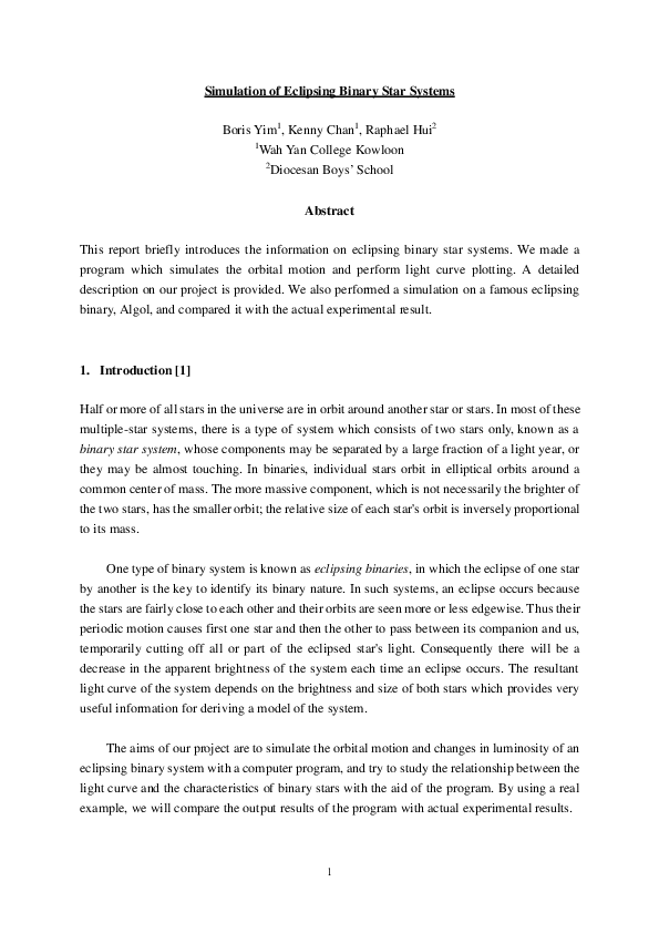 (PDF) Simulation of Eclipsing Binary Star Systems