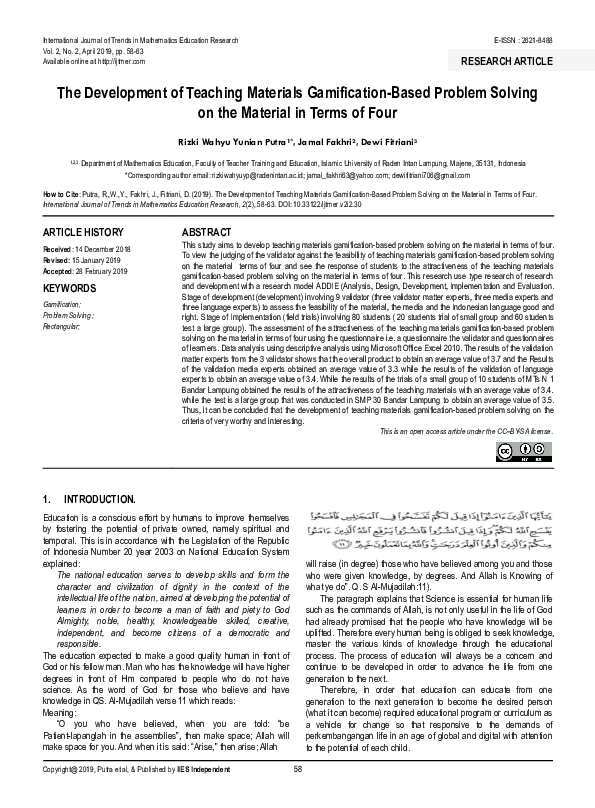 (PDF) The Development of Teaching Materials Gamification-Based Problem Solving on the Material ...