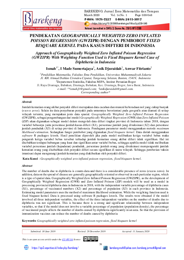 (PDF) Pendekatan Geographically Weighted Zero Inflated Poisson Regression (Gwzipr) Dengan ...