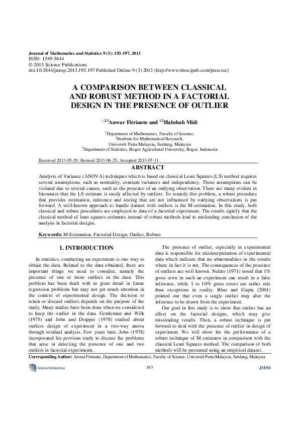 (PDF) A Comparison Between Classical and Robust Method in a Factorial ...