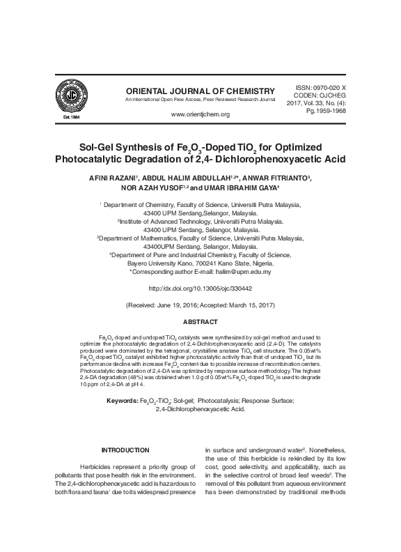(PDF) Sol-Gel Synthesis of Fe2O3-Doped TiO2 for Optimized Photocatalytic Degradation of 2,4 ...