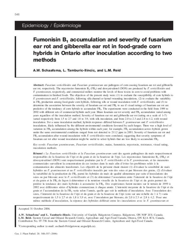 (PDF) Fumonisin B 1 accumulation and severity of fusarium ear rot and ...