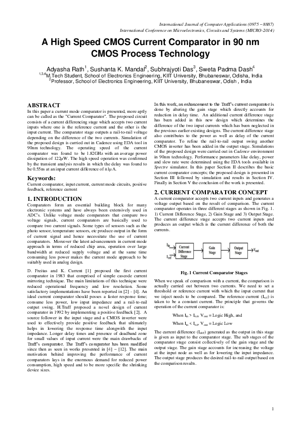 (PDF) A High Speed CMOS Current Comparator in 90 nm CMOS Process Technology