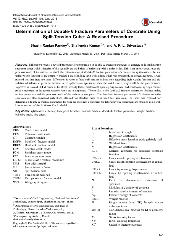 Pdf Determination Of Double K Fracture Parameters Of Concrete Using Split Tension Cube A