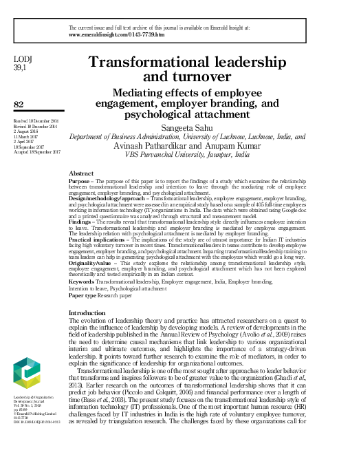 (PDF) Transformational leadership and turnover