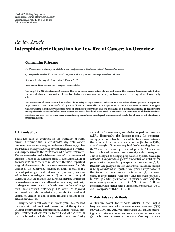 Pdf Intersphincteric Resection For Low Rectal Cancer An Overview