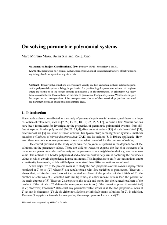 (PDF) On Solving Parametric Polynomial Systems