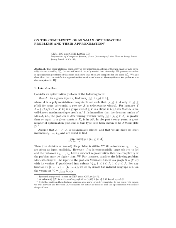 (PDF) On the Complexity of Min-Max Optimization Problems and their Approximation