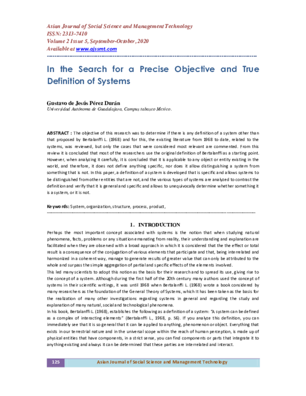 (PDF) In the Search for a Precise Objective and True Definition of Systems