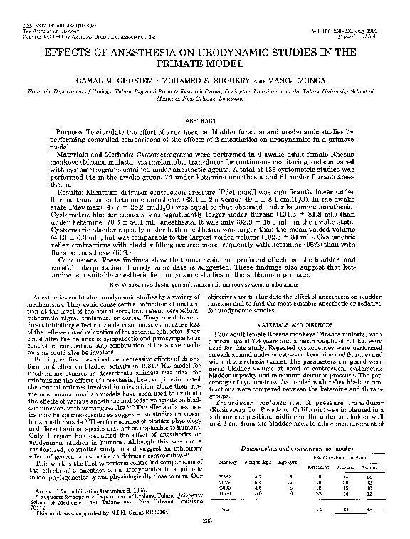 (PDF) Effects of Anesthesia on Urodynamic Studies in the Primate Model