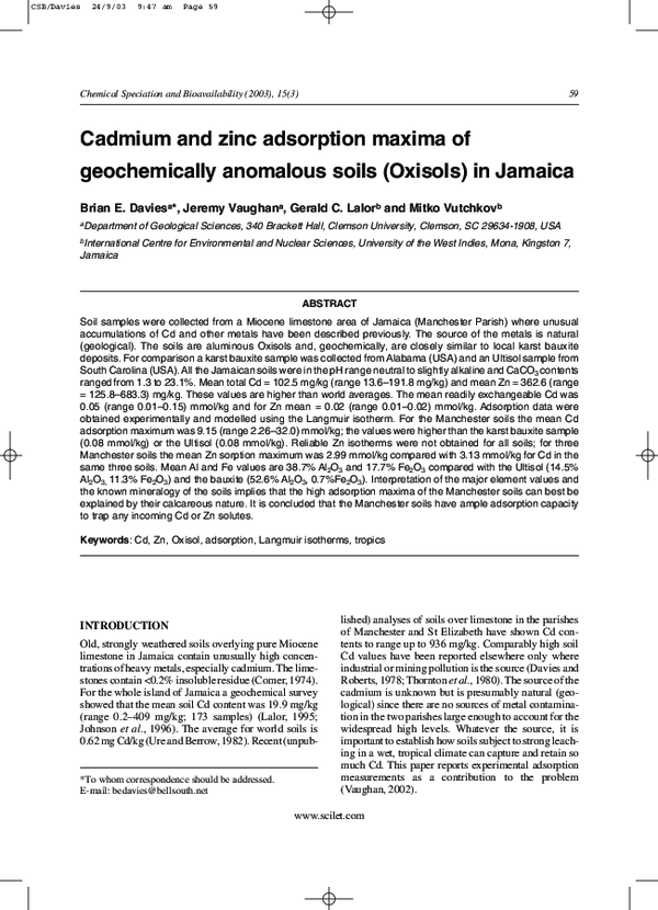 (PDF) Cadmium and zinc adsorption maxima of geochemically anomalous soils (Oxisols) in Jamaica