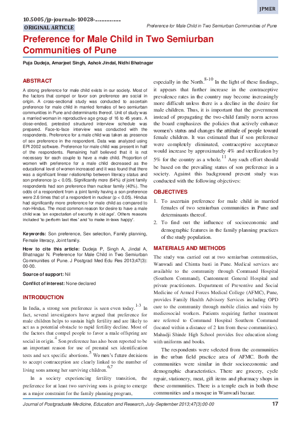 (PDF) Preference for Male Child in Two Semiurban Communities of Pune
