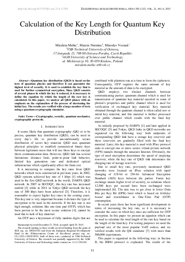 (PDF) Calculation of the Key Length for Quantum Key Distribution