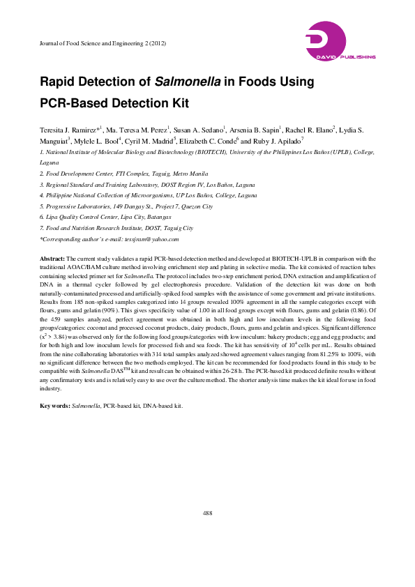 Rapid Detection of Salmonella in Foods Using PCR-Based Detection Kit