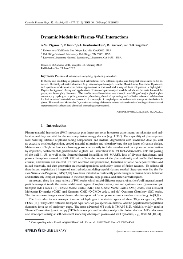(PDF) Dynamic Models for Plasma-Wall Interactions