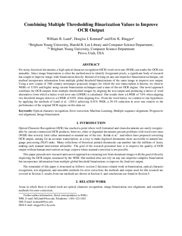(PDF) Combining multiple thresholding binarization values to improve OCR output