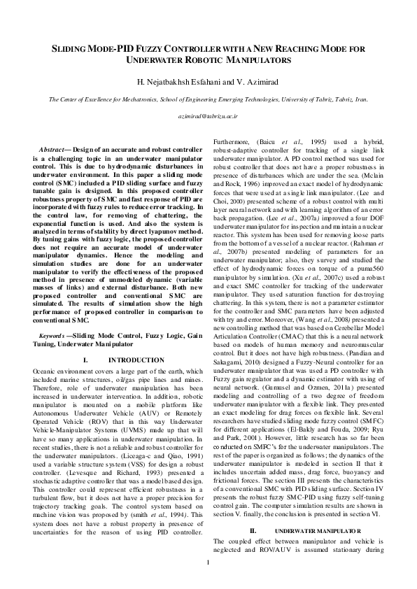 (PDF) Sliding Mode-Pid Fuzzy Controller with a New Reaching Mode for Underwater Robotic Manipulators