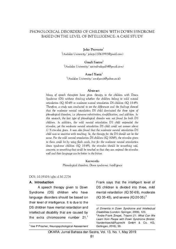(PDF) Phonological Disorders of Children with Down Syndrome Based on the Level of Intelligence ...