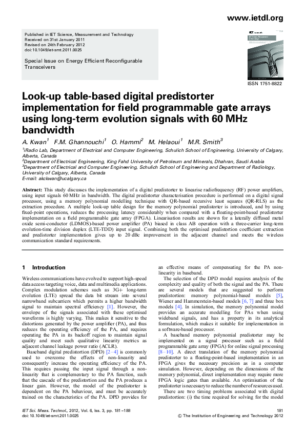 (PDF) LUT-based Digital Predistorter Implementation for FPGAs using LTE signals with 60 MHz ...