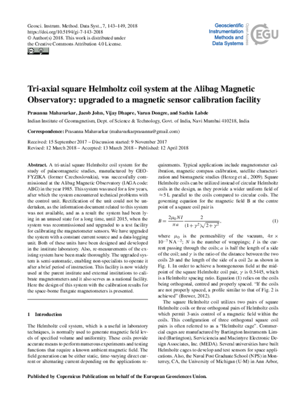 (PDF) Tri-axial square Helmholtz coil system at the Alibag Magnetic ...
