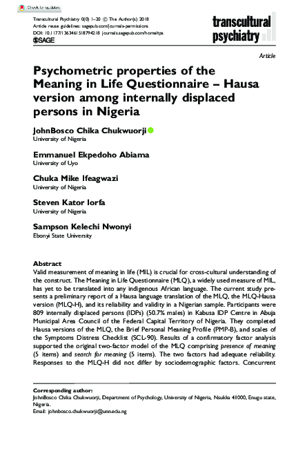 (PDF) Psychometric properties of the Meaning in Life Questionnaire ...