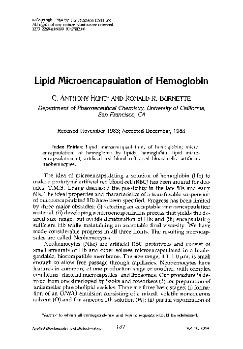 (PDF) Lipid microencapsulation of hemoglobin
