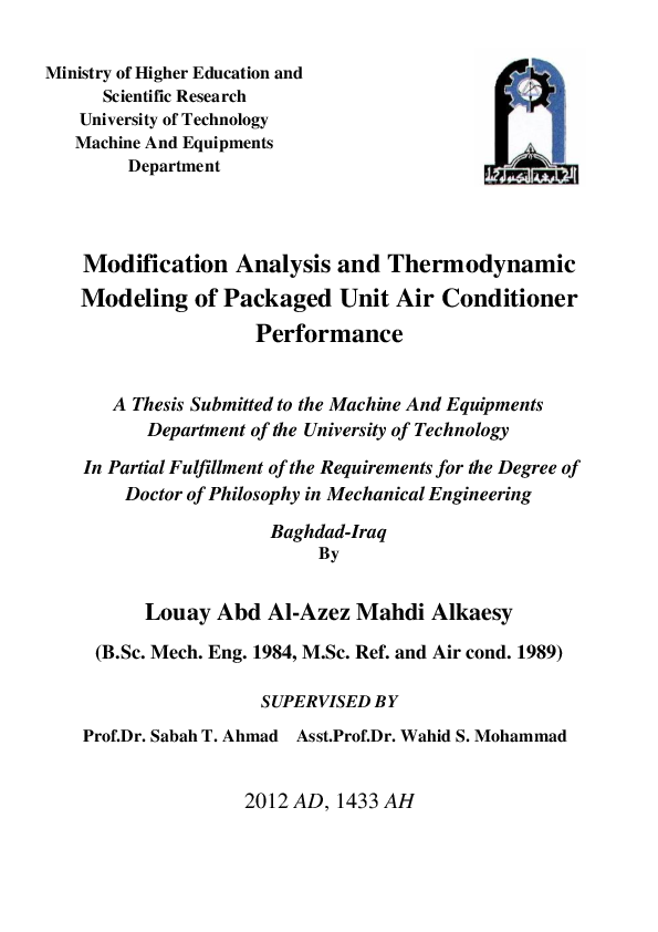 (PDF) Modification Analysis and Thermodynamic Modeling of Packaged Unit ...