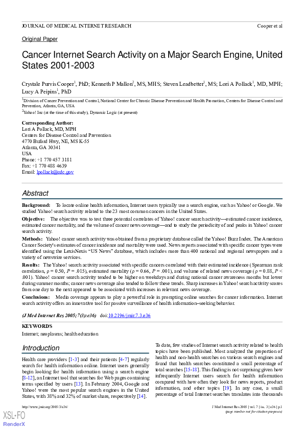 (PDF) Cancer Internet Search Activity on a Major Search Engine, United ...