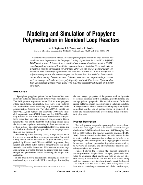 Pdf Modeling And Simulation Of Propylene Polymerization In Nonideal Loop Reactors