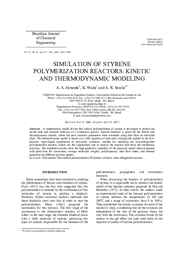 Pdf Simulation Of Styrene Polymerization Reactors Kinetic And Thermodynamic Modeling