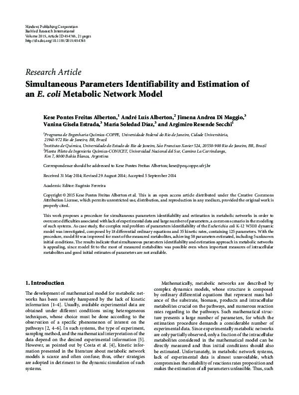 Pdf Simultaneous Parameters Identifiability And Estimation Of An E Coli Metabolic Network Model
