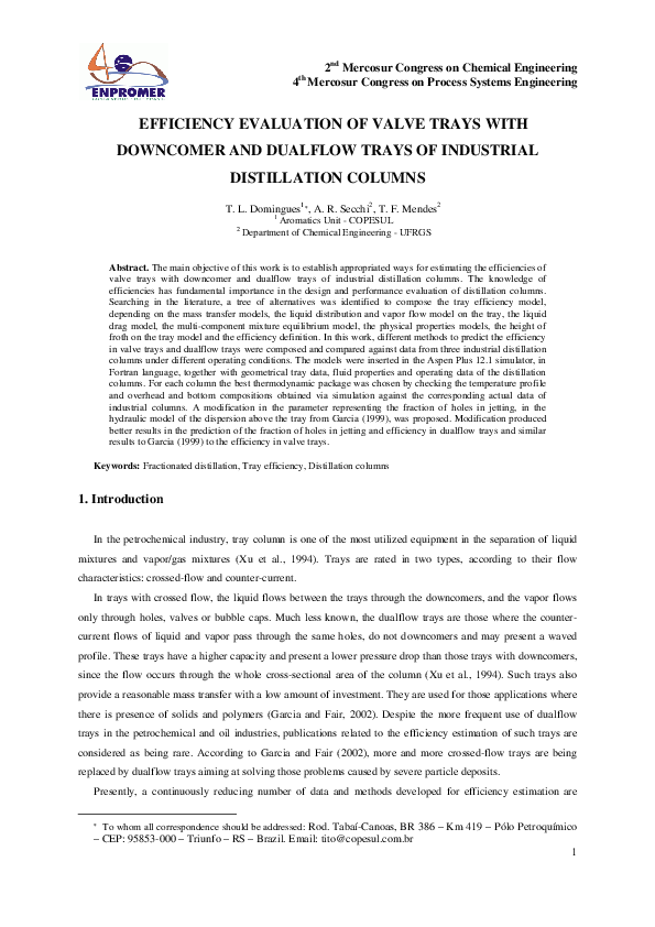 (PDF) Efficiency Evaluation of Valve Trays with Downcomer and Dualflow ...