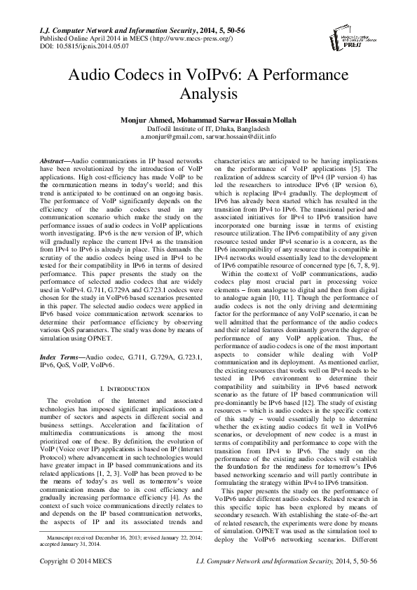 (PDF) Audio Codecs in VoIPv6: A Performance Analysis