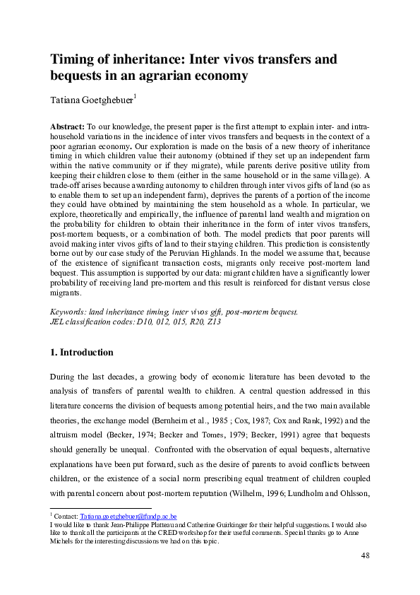 (PDF) Timing of inheritance: Inter vivos transfers and bequests in an ...