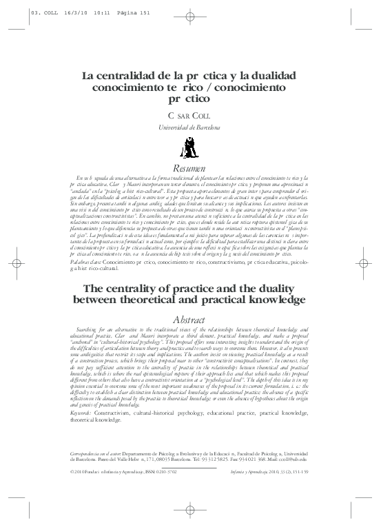 (PDF) La centralidad de la práctica y la dualidad conocimiento teórico ...