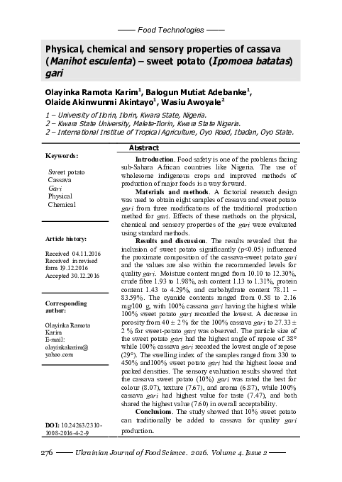 (PDF) Physical, chemical and sensory properties of cassava (Manihot esculenta) - sweet potato ...
