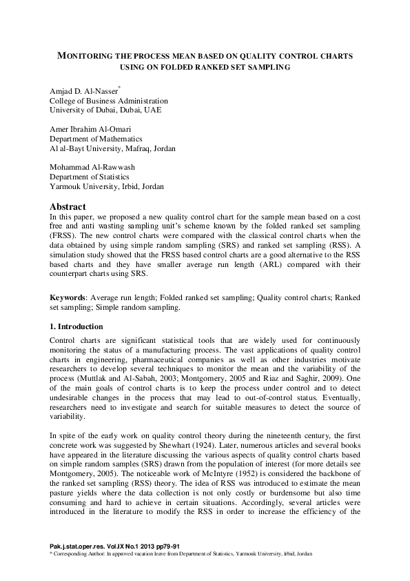 Pdf Monitoring The Process Mean Based On Quality Control Charts Using On Folded Ranked Set