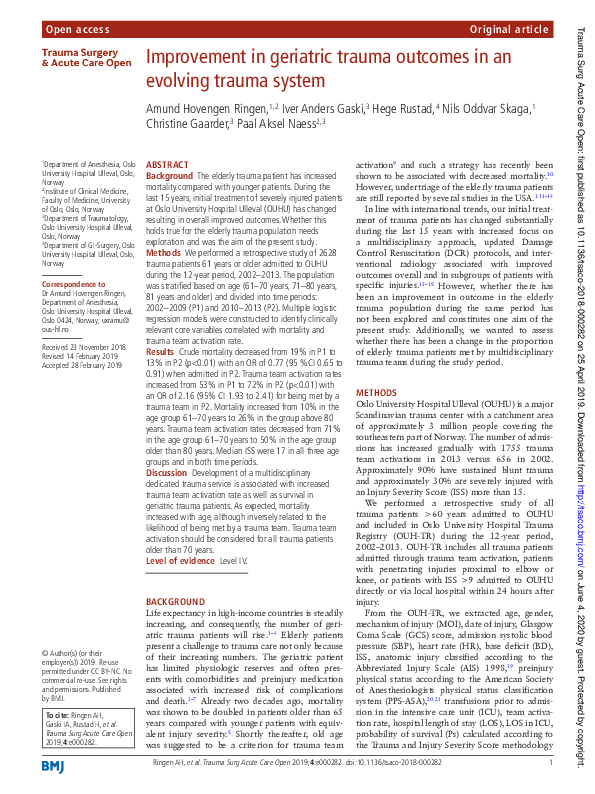 (PDF) Improvement in geriatric trauma outcomes in an evolving trauma system