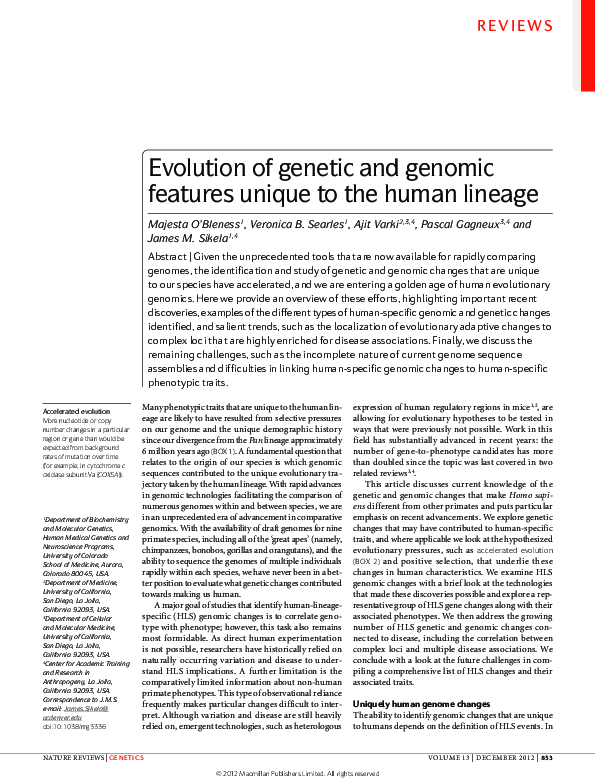(PDF) Evolution of genetic and genomic features unique to the human lineage
