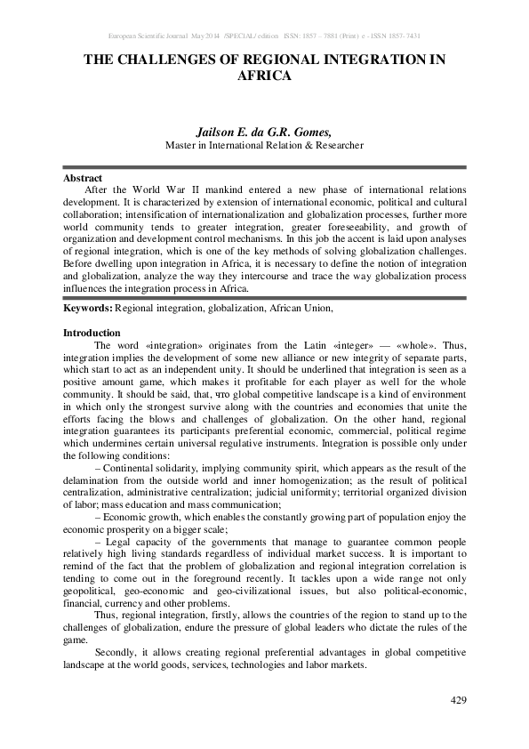 (PDF) The Challenges of Regional Integration in Africa