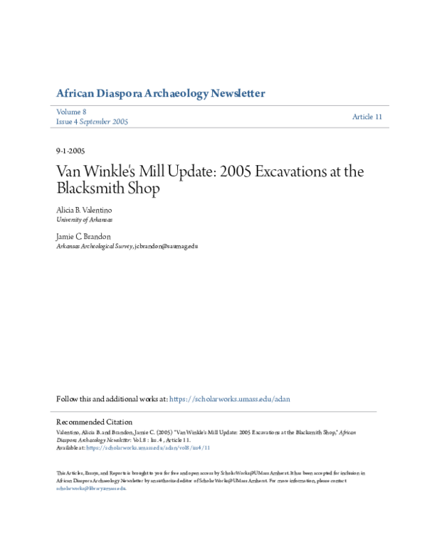(PDF) Van Winkle's Mill Update: 2005 Excavations at the Blacksmith Shop