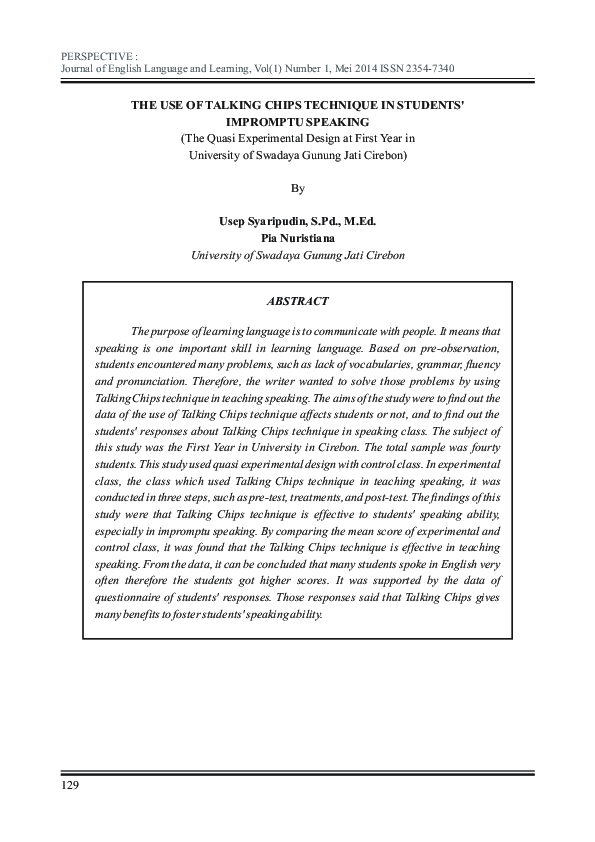 (PDF) The Use of Talking Chips Technique in Students' Impromptu Speaking