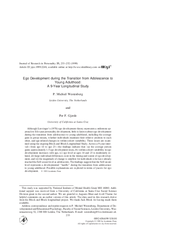 (PDF) Ego Development during the Transition from Adolescence to Young ...