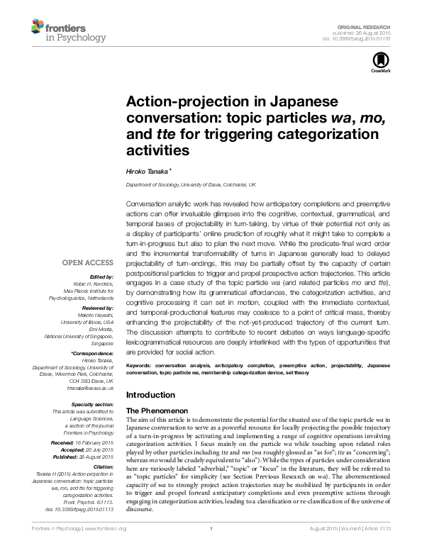 (PDF) Action-projection in Japanese conversation: topic particles wa ...